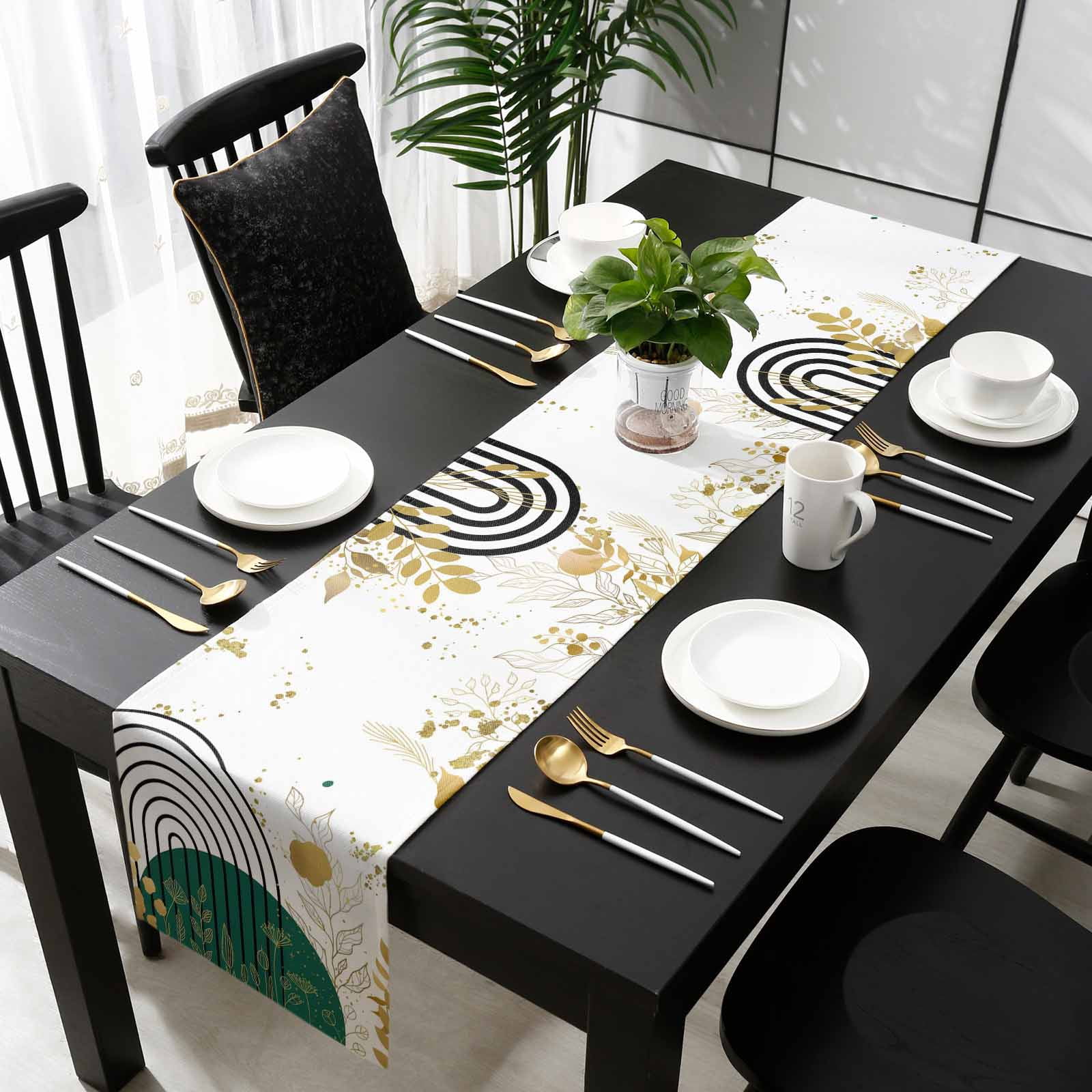 Boho Green Table Runner 70 Inches Long,Gold Leaf Black Bohemian Plant ...