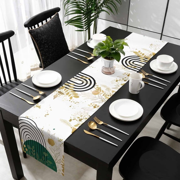 Boho Green Table Runner 70 Inches Long,Gold Leaf Black Bohemian Plant ...