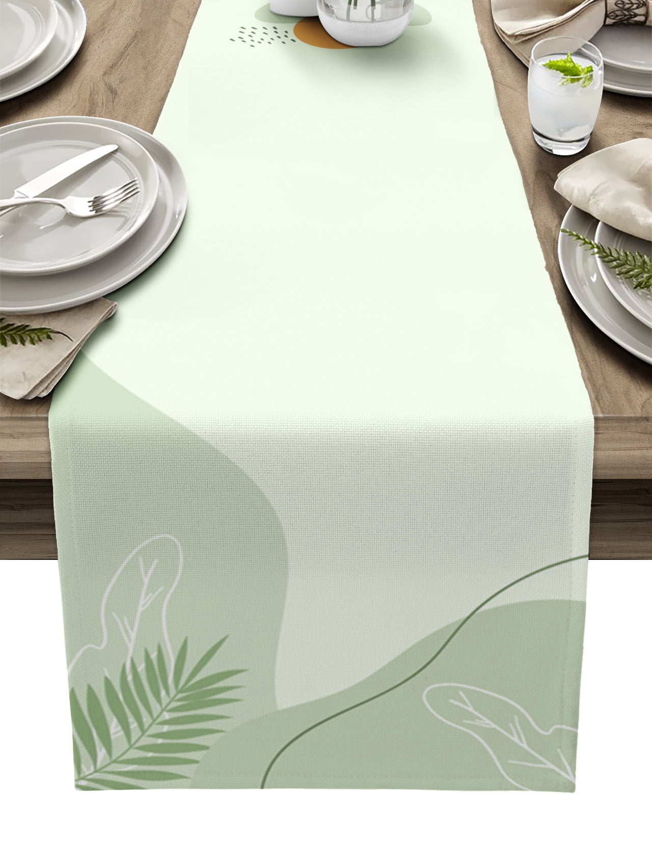 Boho Green, Table Runner 72 Inches, AbstractGeometric Leaves Plant ...