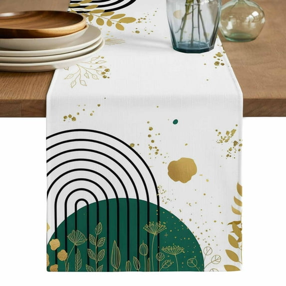 Boho Green Table Runner, Gold Leaf Black Bohemian Plant Circle Flower ...