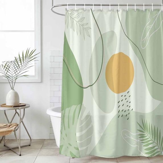 Boho Green,Waterproof Fabric Shower Curtain,AbstractGeometric Leaves ...