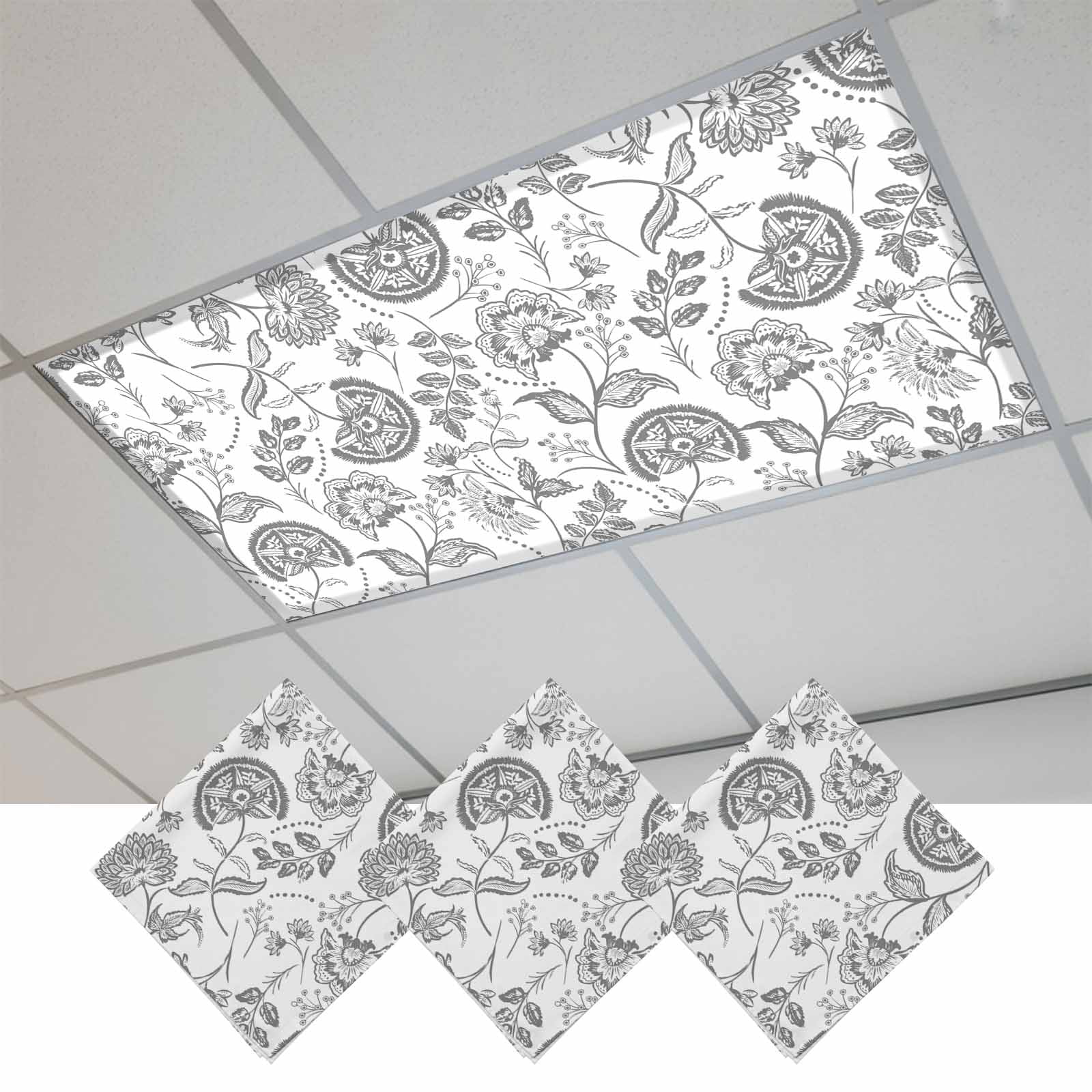 Boho Grey Floral Magnetic Fluorescent Light Covers for Ceiling Lights ...