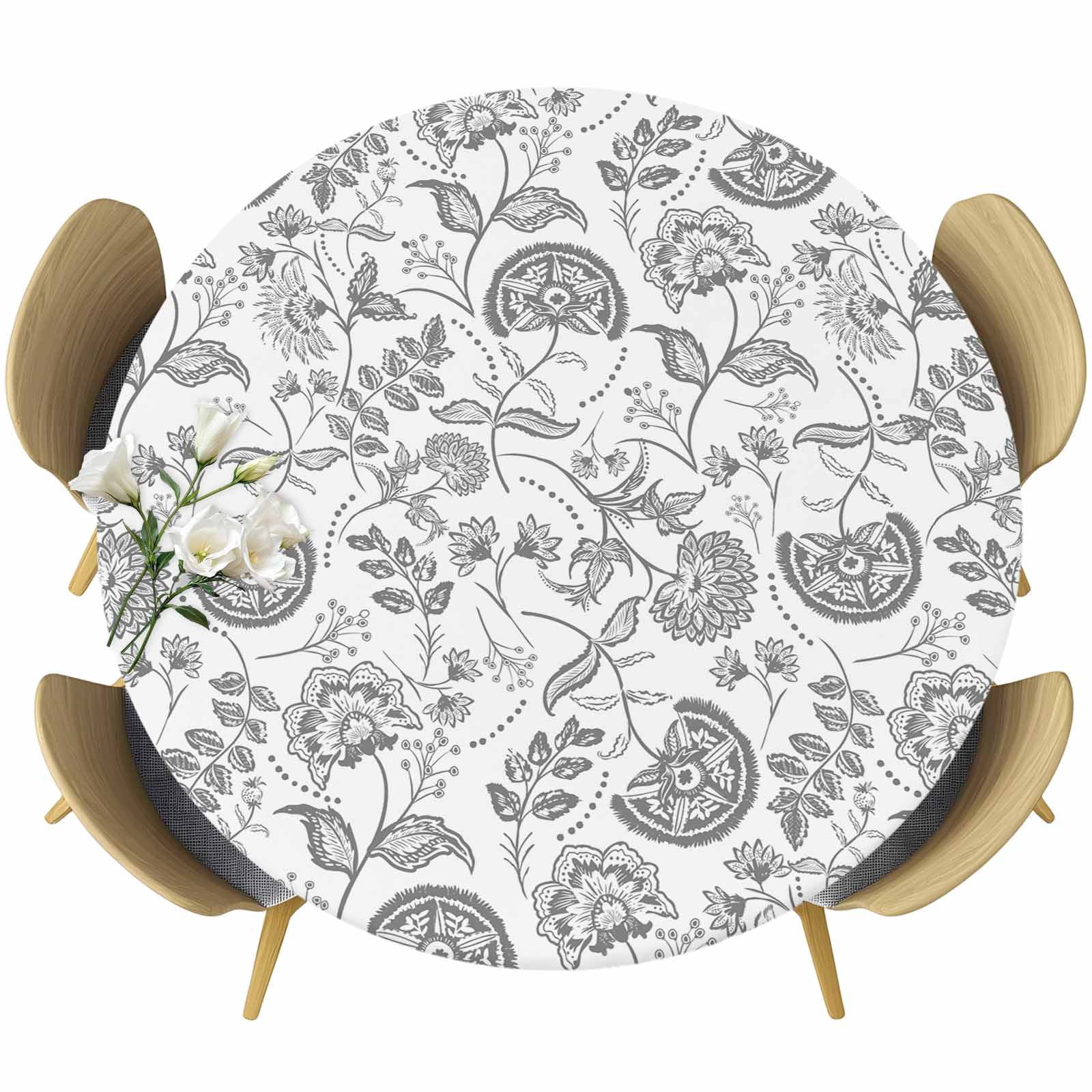 Boho Grey Floral Table Cloth, Round Fitted Tablecloths with Elastic ...
