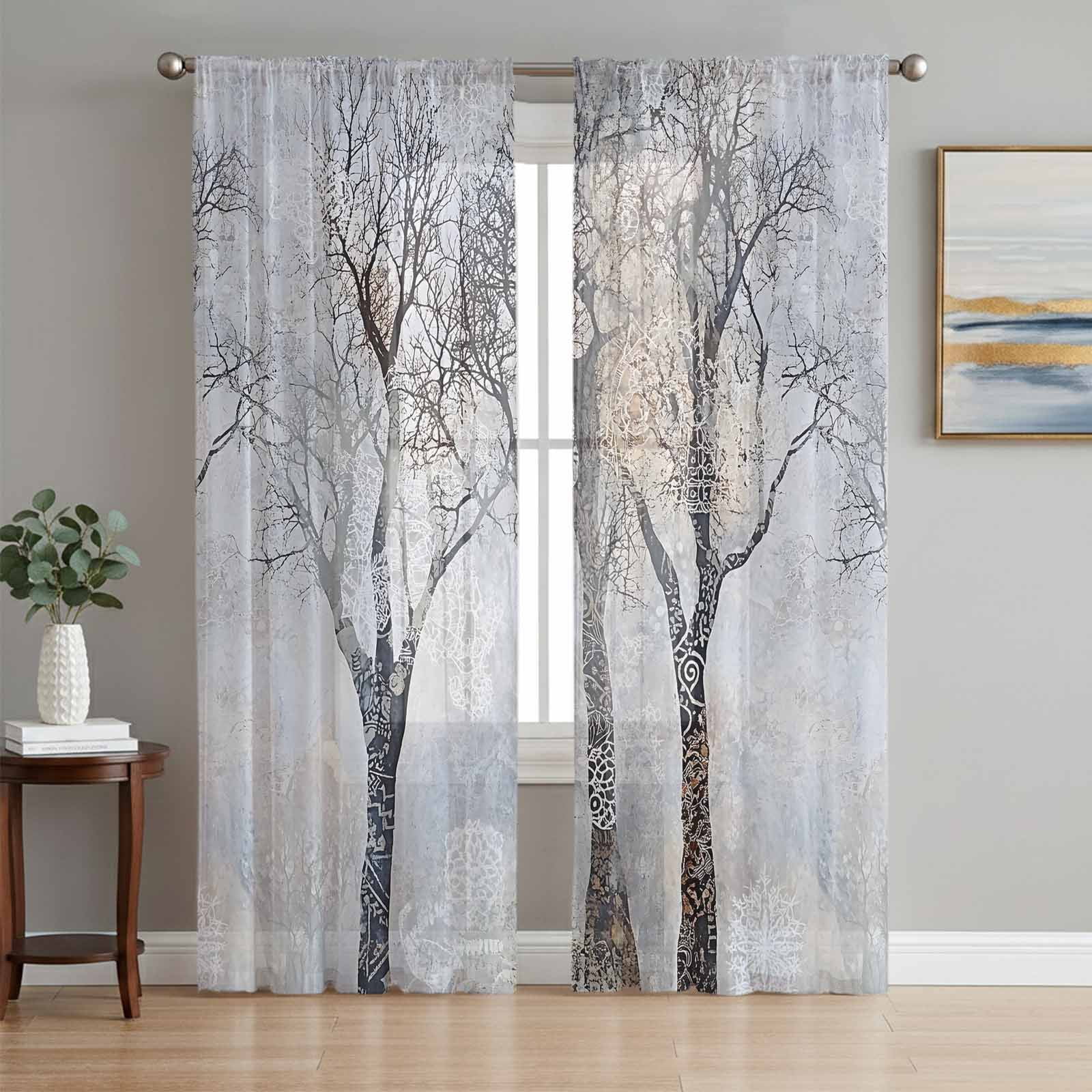 Boho Grey Tree Sheer Curtains 84 Inch Length 2 Panels Set, Vintage ...