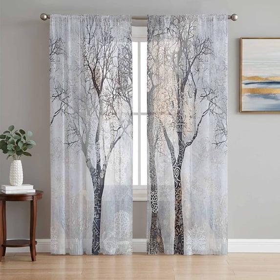 Boho Grey Tree Sheer Curtains 84 Inch Length 2 Panels Set, Vintage ...