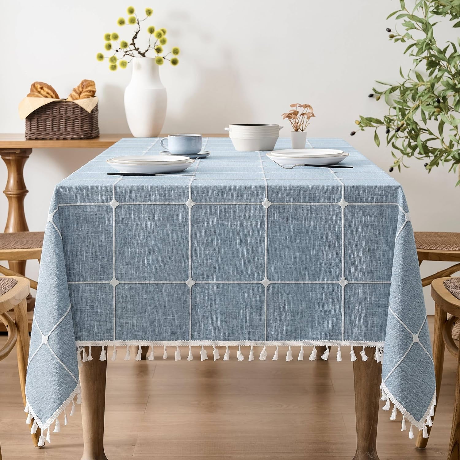 Boho Grid Table Cloth with Tassels (Blue, 60" x 60"), Heavy Weight ...