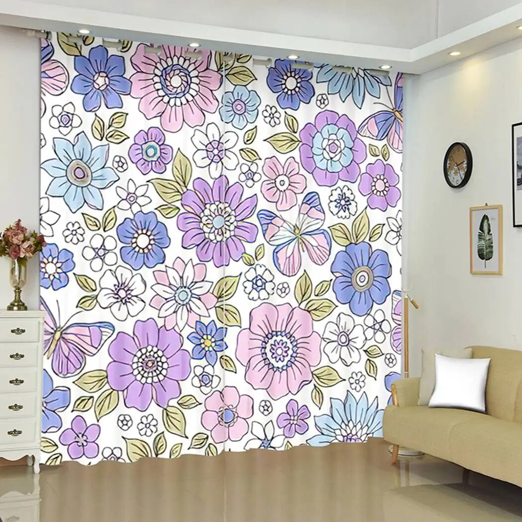 Boho Groovy Retro Curtain Hippie Multicolored Flowers Pongee Fabric ...