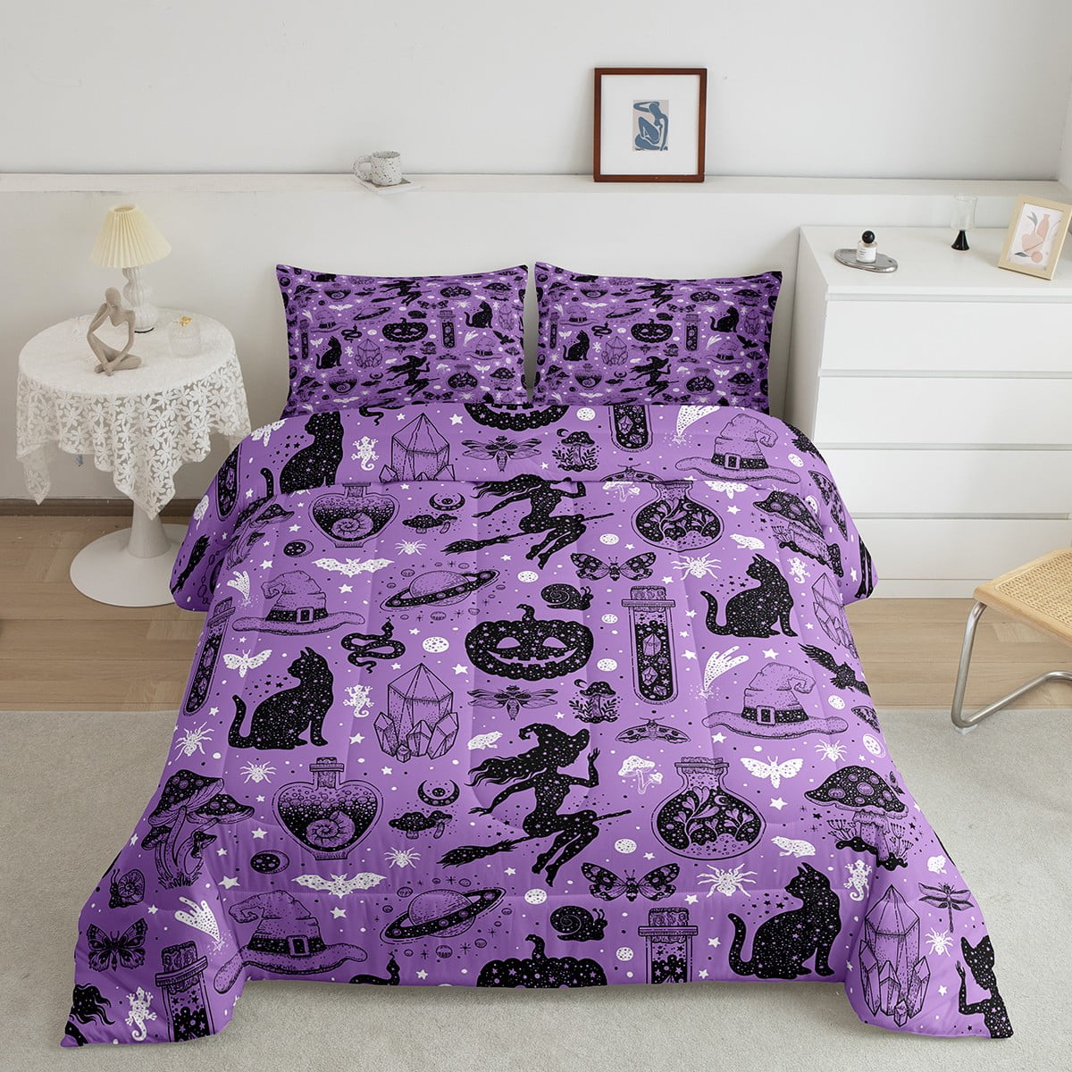 Boho Halloween Bedding Set King Black Bats Pumpkin Cat Comforter Set ...