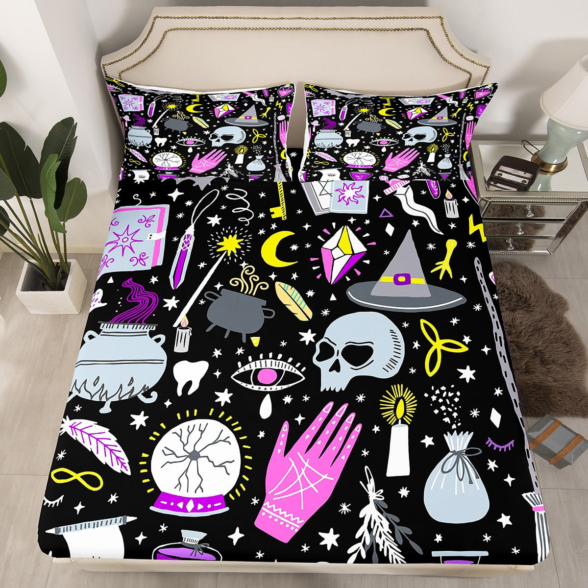 Boho Halloween Queen Size Bedding Set Spooky Halloween Skeleton Skulls ...