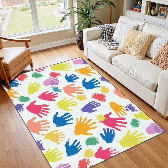 Boho Handprint Area Rug, Seamless Pattern Carpet, Washable Non Slip Low ...