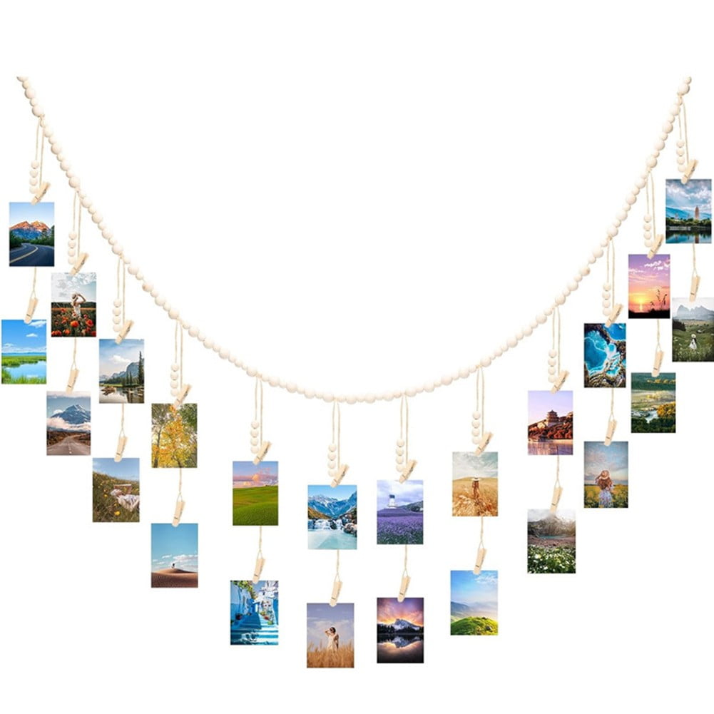 Boho Hanging Photo Display String with 24 Clips Wooden 70 Inch for Wall ...