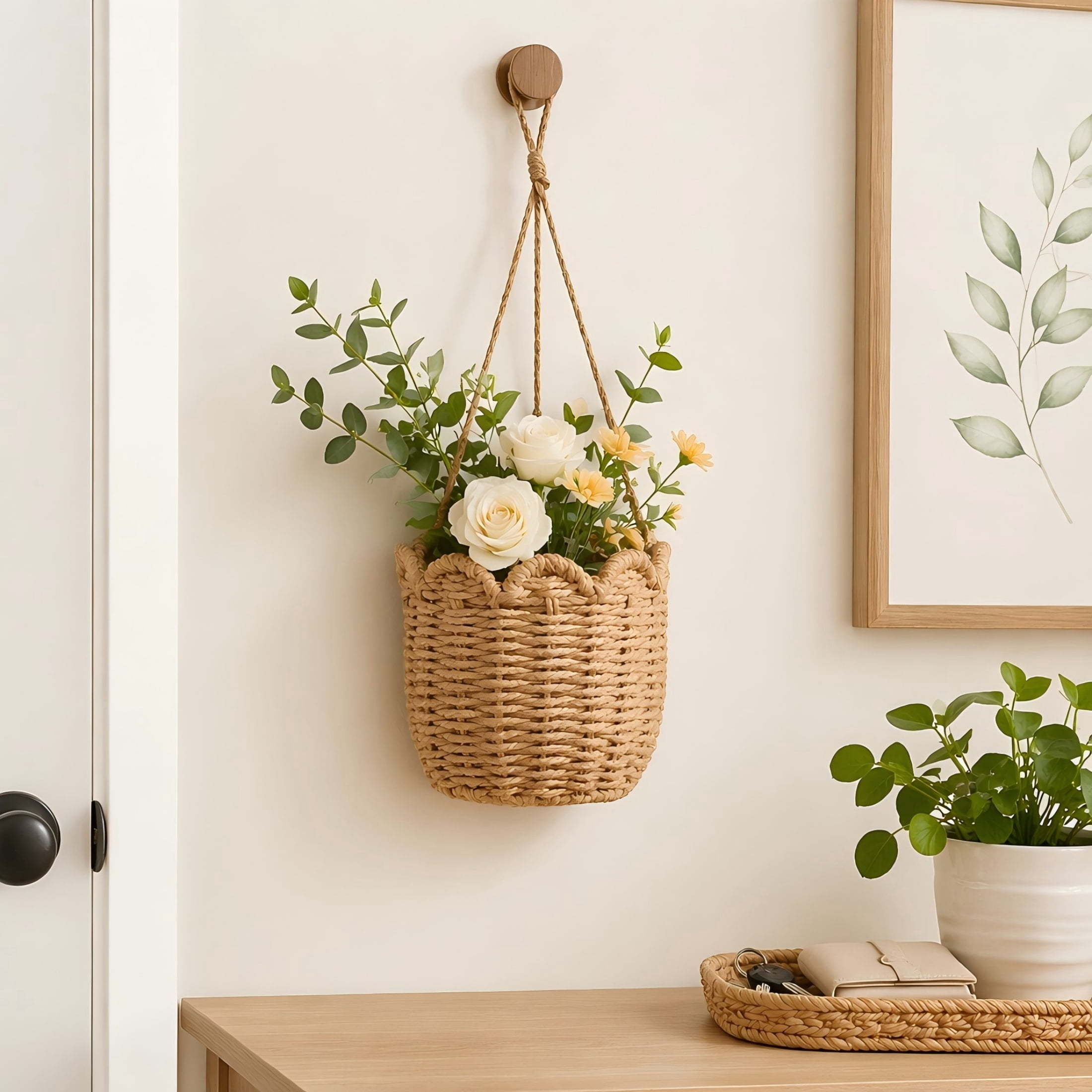 Boho Hanging Woven Wall Basket, 16" Wicker Storage Basket for Flowers ...