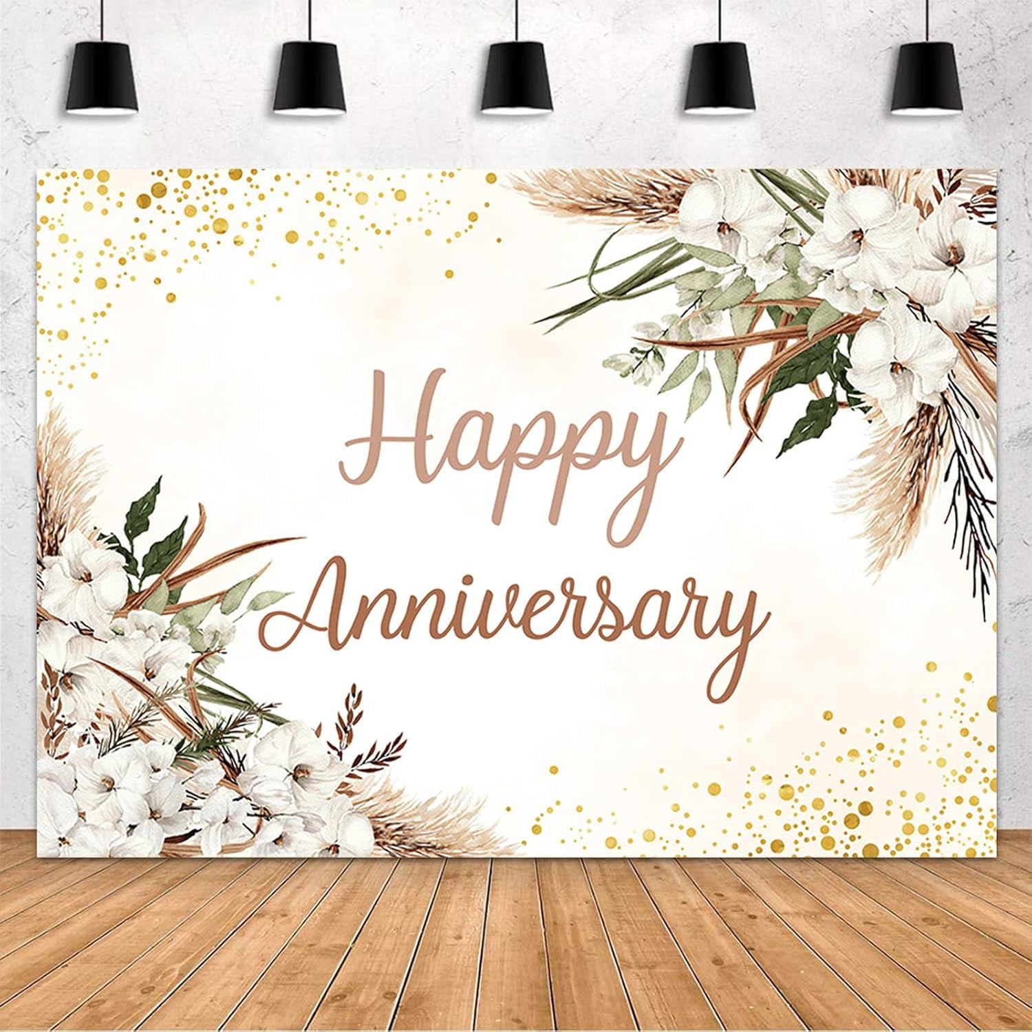 Boho Happy Anniversary Backdrop White Floral Bohemia Pampas Grass ...