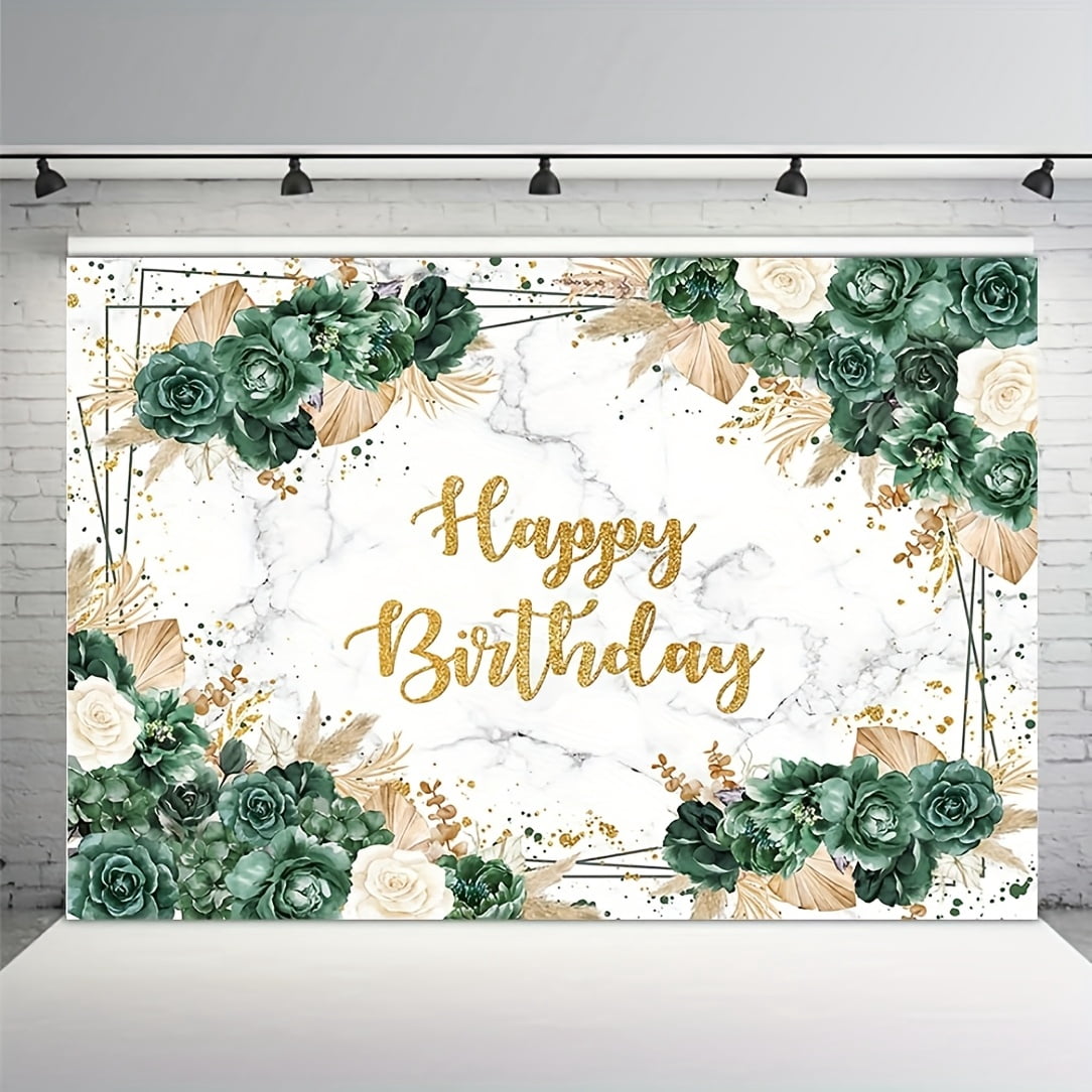 Boho Happy Birthday Backdrop Green Flower Grass Golden Background for ...
