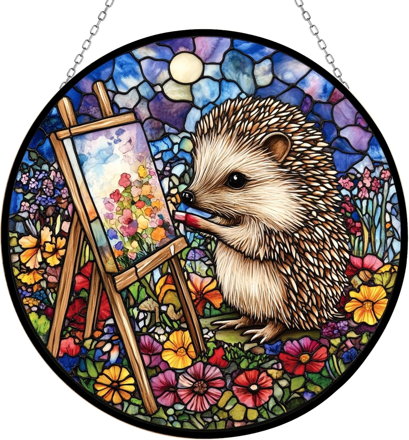 Boho Hedgehog Painter Stained Glass Window Hanging Suncatcher, Gothic ...