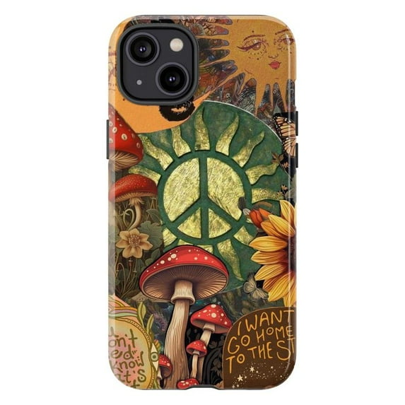 Boho Hippie Peace Symbol Phone Case, Retro Mushroom and Sunflower ...