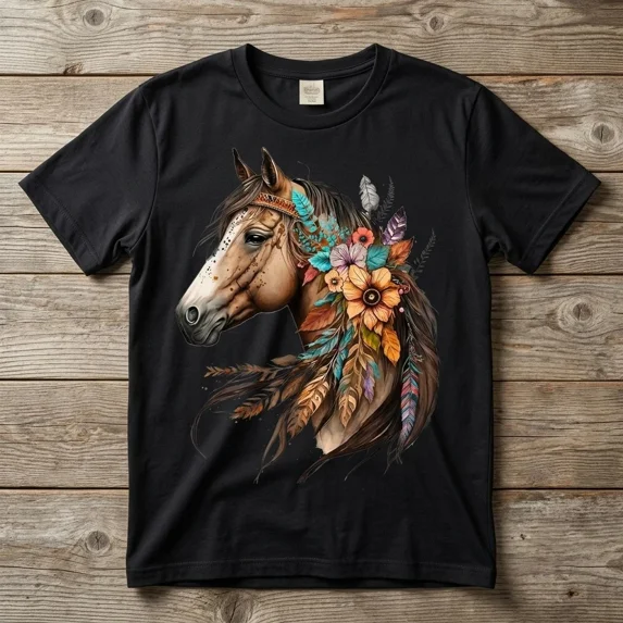Boho Horse Floral Feather Artistic Equestrian Apparel Wild Stallion ...
