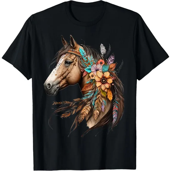 Boho Horse Floral Feather Headdress Western Wild Spirit Equine Unisex T ...