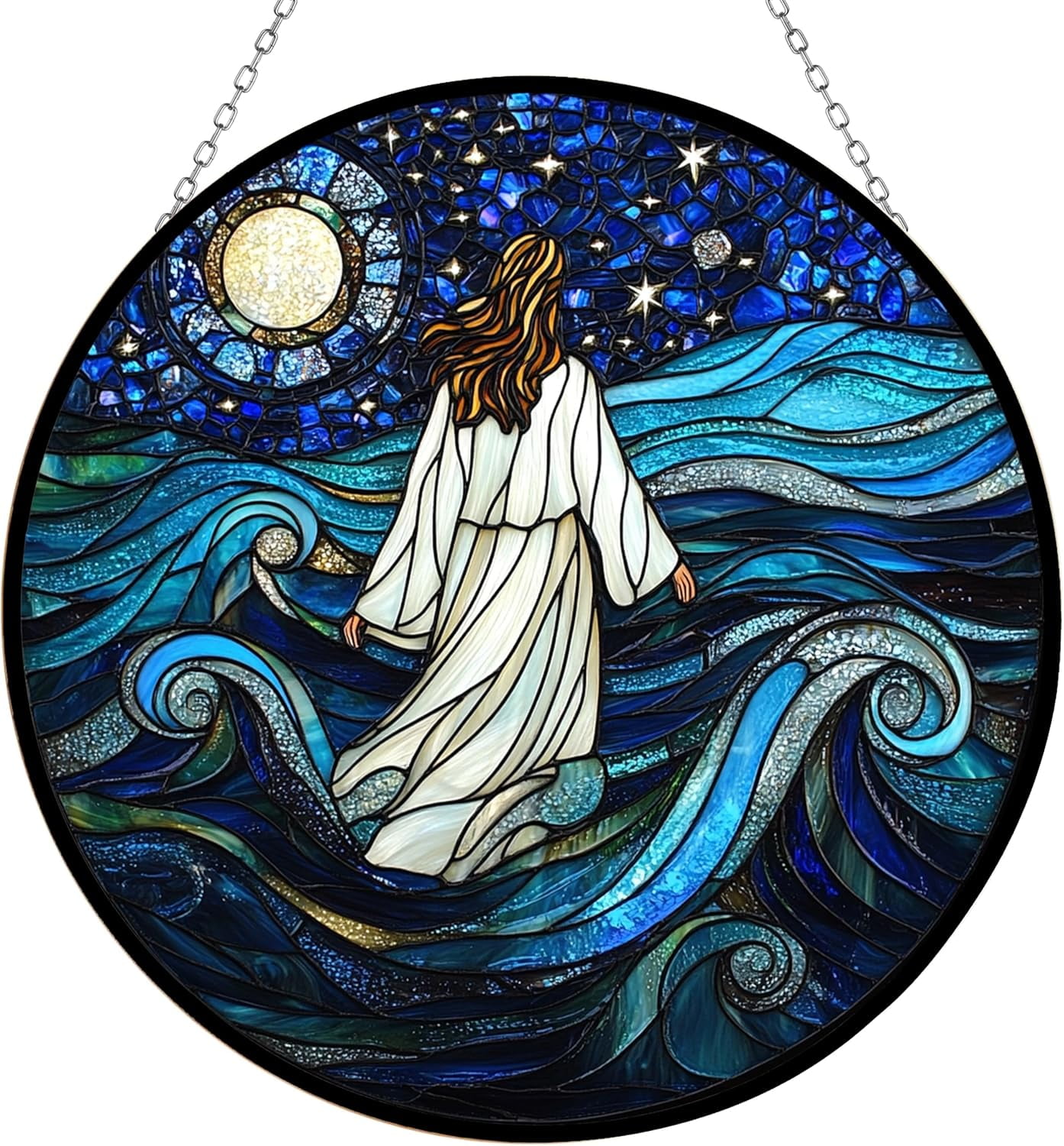 Boho Jesus Walking On Water Stained Glass Window Hanging, Suncatcher ...