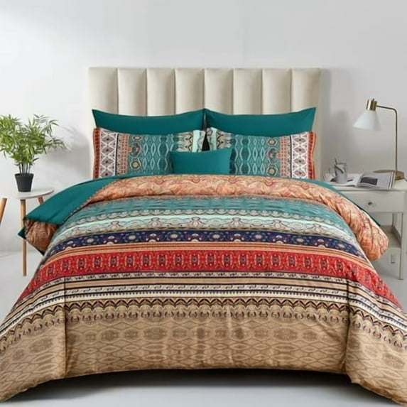 Boho King Size Comforter Set 8 Pieces,Green and Brown Bohemian Striped ...