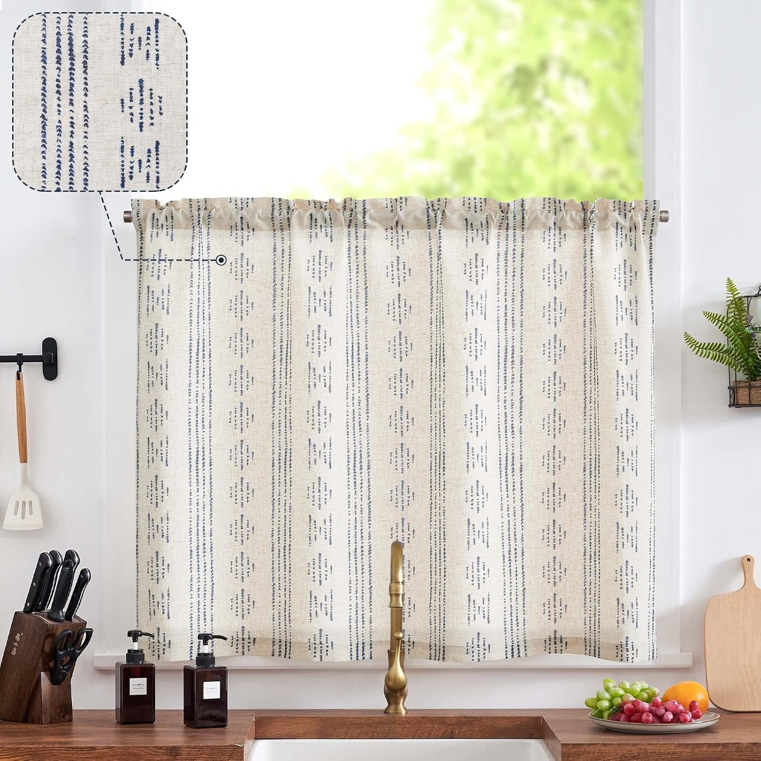 Boho Kitchen Curtain Linen Tier Curtain Bohemian Cafe 24 Inch Geometric ...