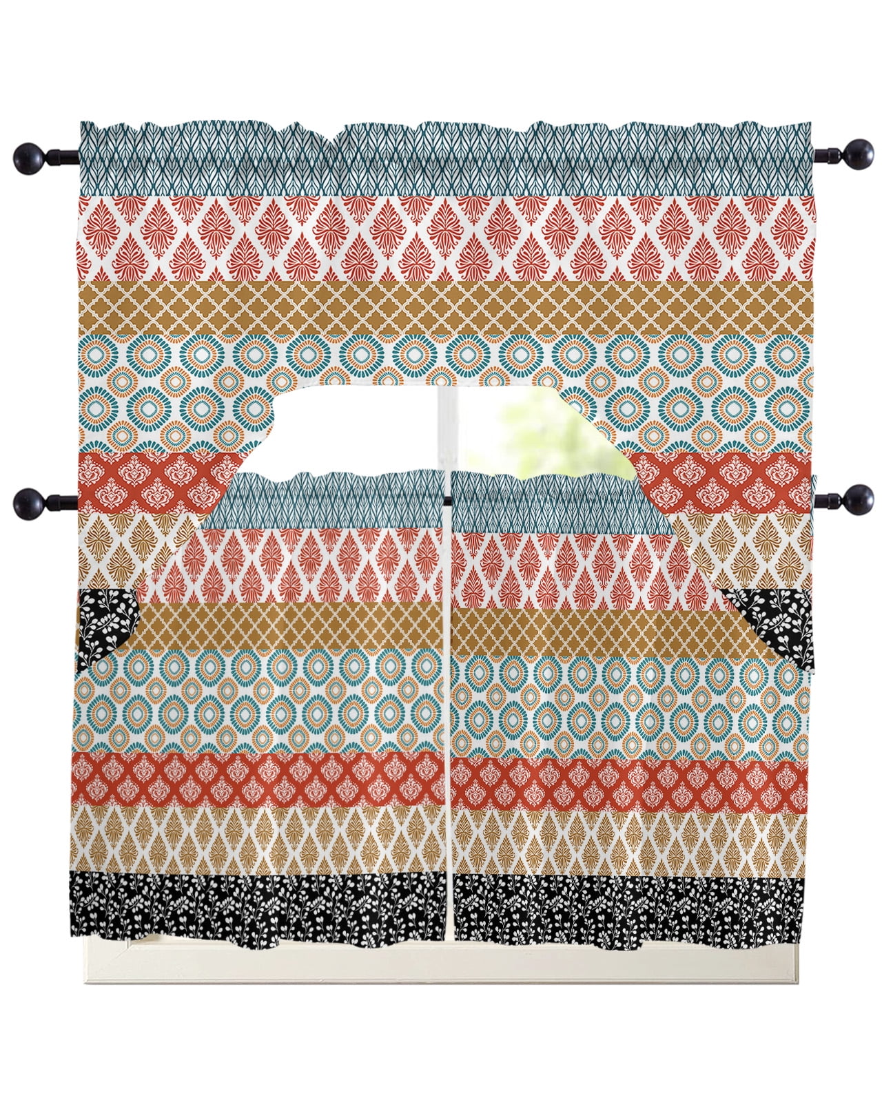 Boho Kitchen Curtain and Valance Set 3 Pieces,Rod Pocket Short Tier ...