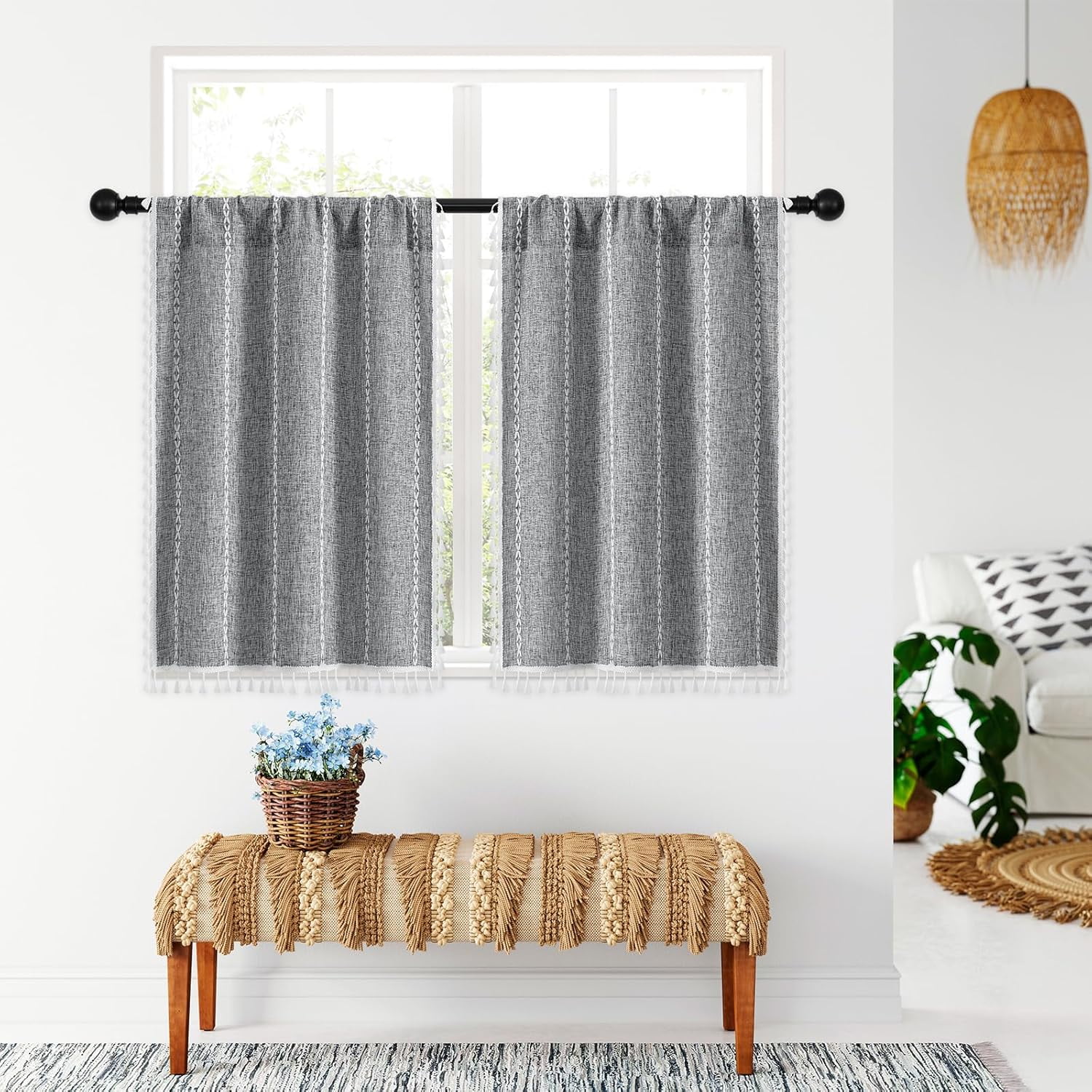 Boho Kitchen Curtains 24 Inch Length, 2 Panels Farmhouse Cafe Curtains ...