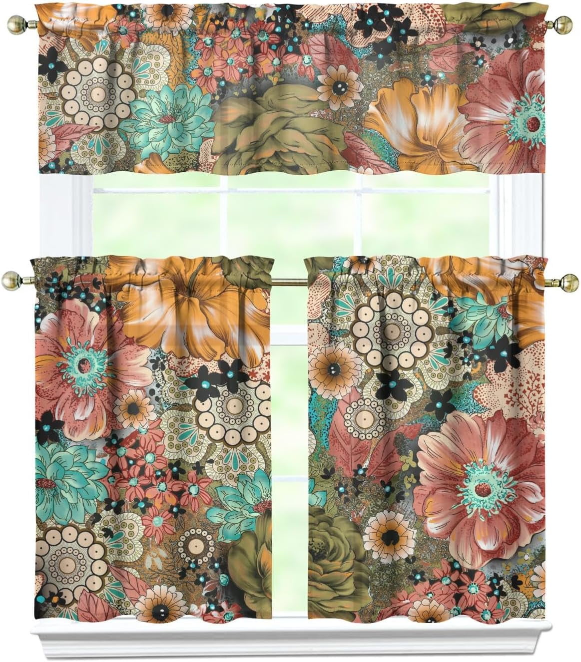 Boho Kitchen Curtains,Bohemian Flower Kitchen Curtains Sets for Windows ...