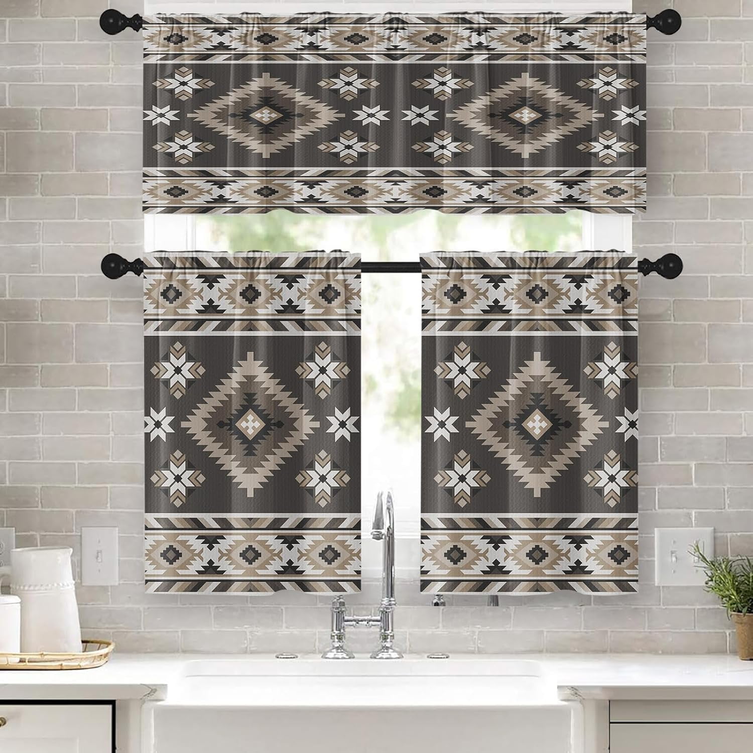 Boho Kitchen Curtains Geometric Window Curtains Valance and Tier Set 36 ...