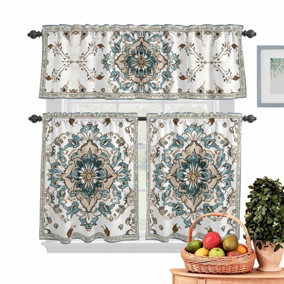 Boho Kitchen Curtains Valances 3 Piece Set, Retro Blue Floral Rod ...