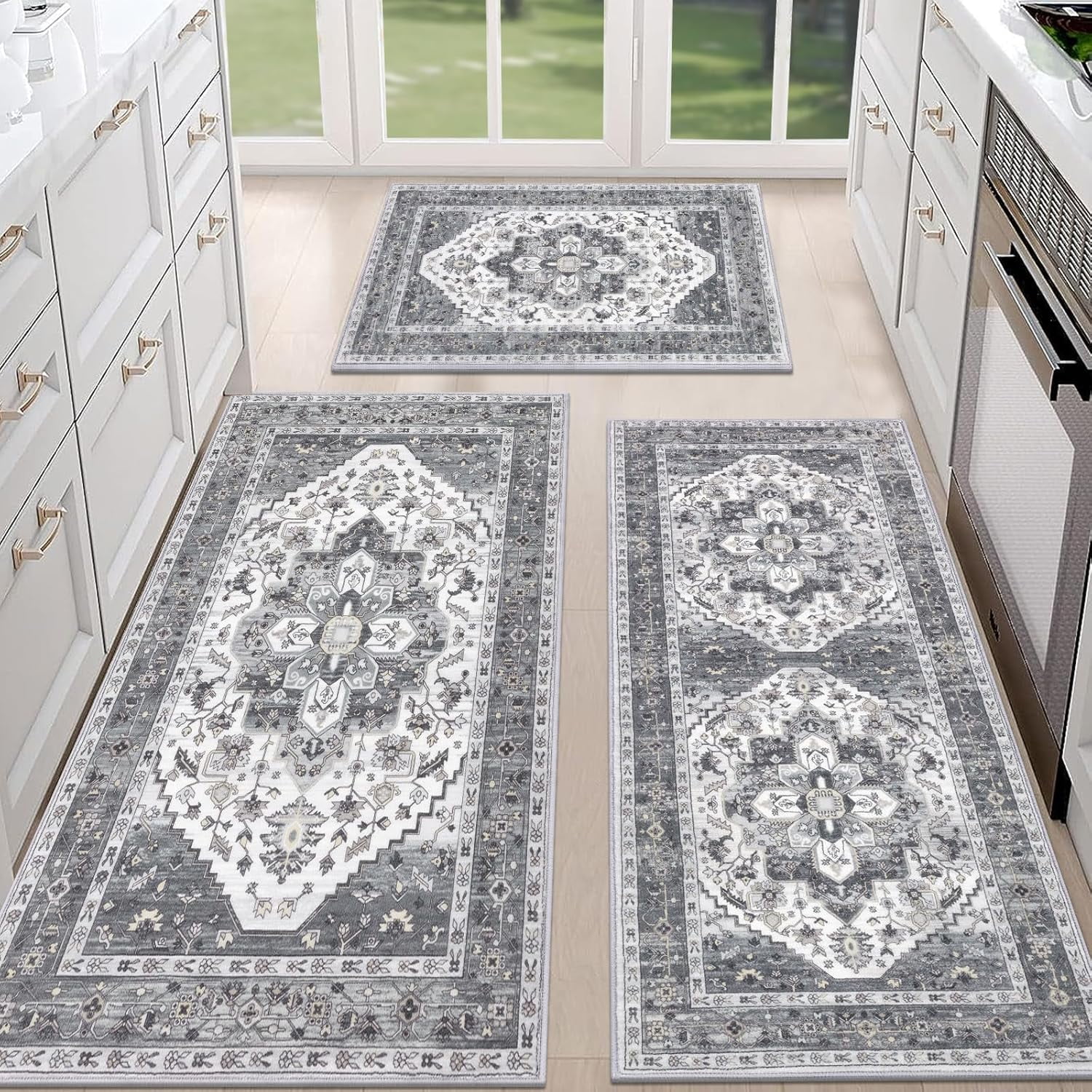 Boho Kitchen Rug Set 3 Piece with Runner Non Slip Washable Thick Floor ...