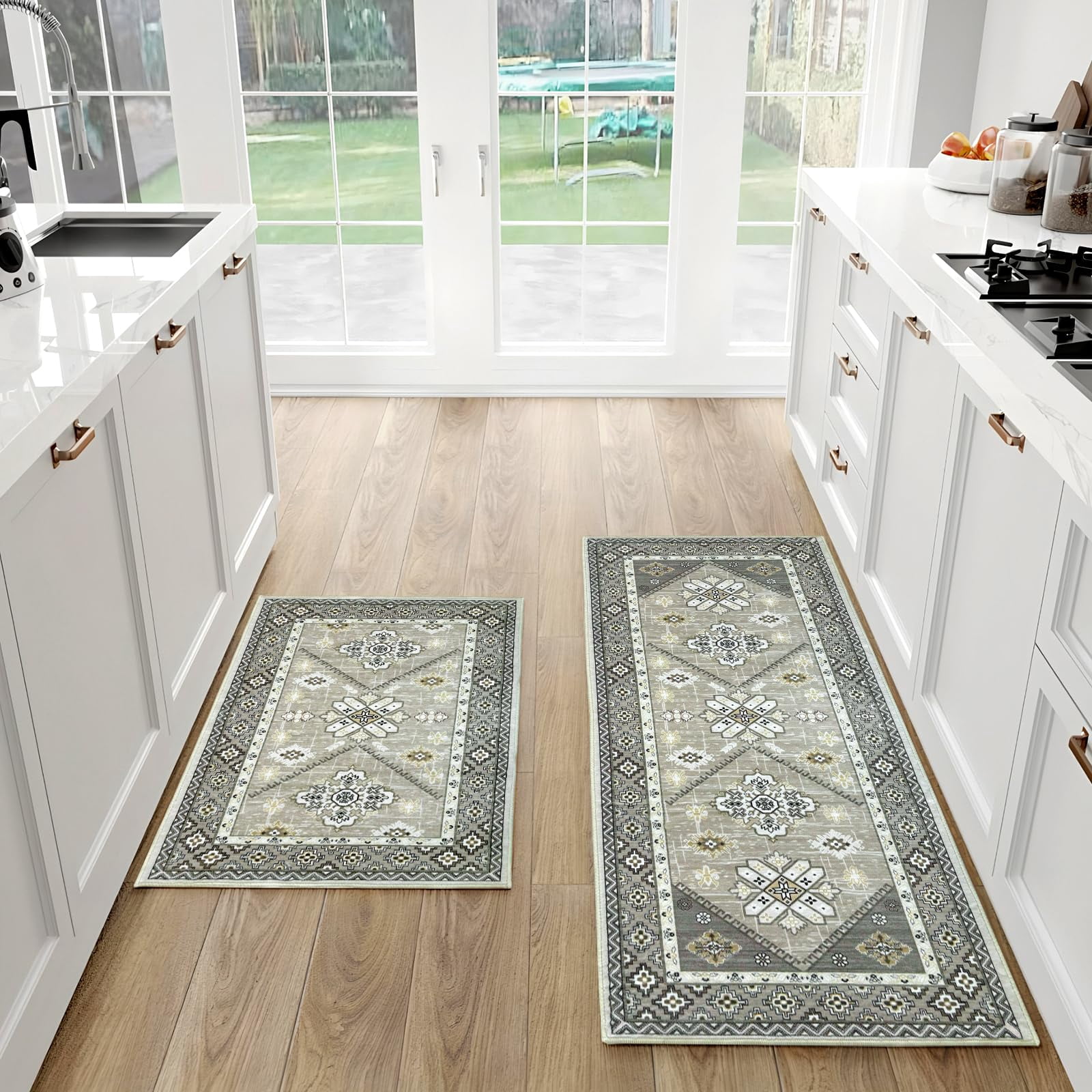 Boho Kitchen Rug Sets 2 Piece With Runner Non-slip Mats For Floor Stain ...