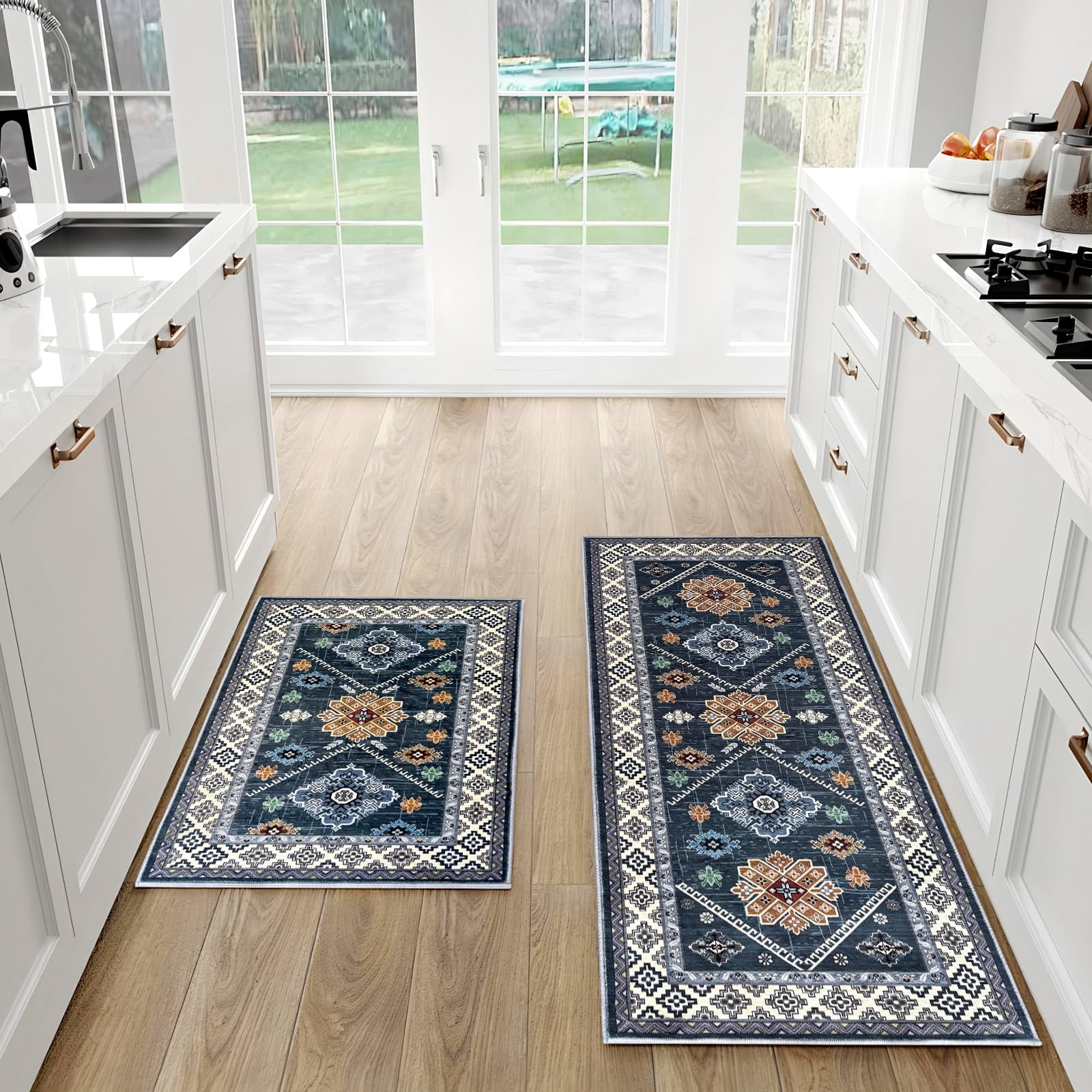 Boho Kitchen Rug Sets 2 Piece With Runner Non-slip Mats For Floor Stain ...
