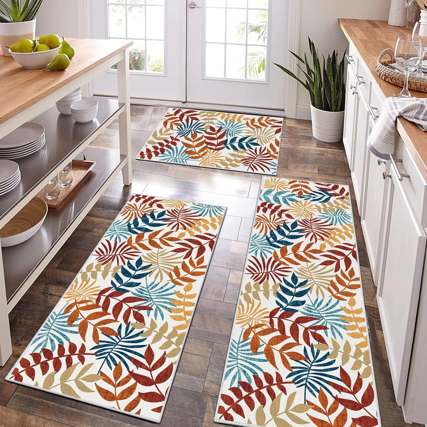 Boho Kitchen Rug Sets 3 Piece with Leaf, Non Slip Kitchen Rugs and Mats ...