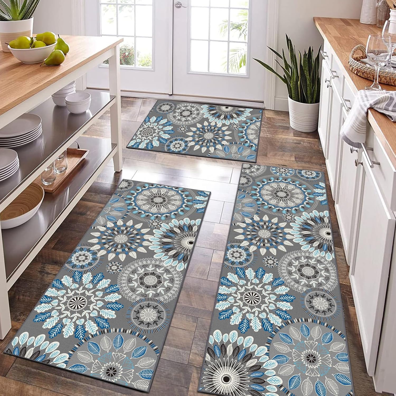 Boho Kitchen Rug Sets 3 Piece with Leaf, Non Slip Kitchen Rugs and Mats ...