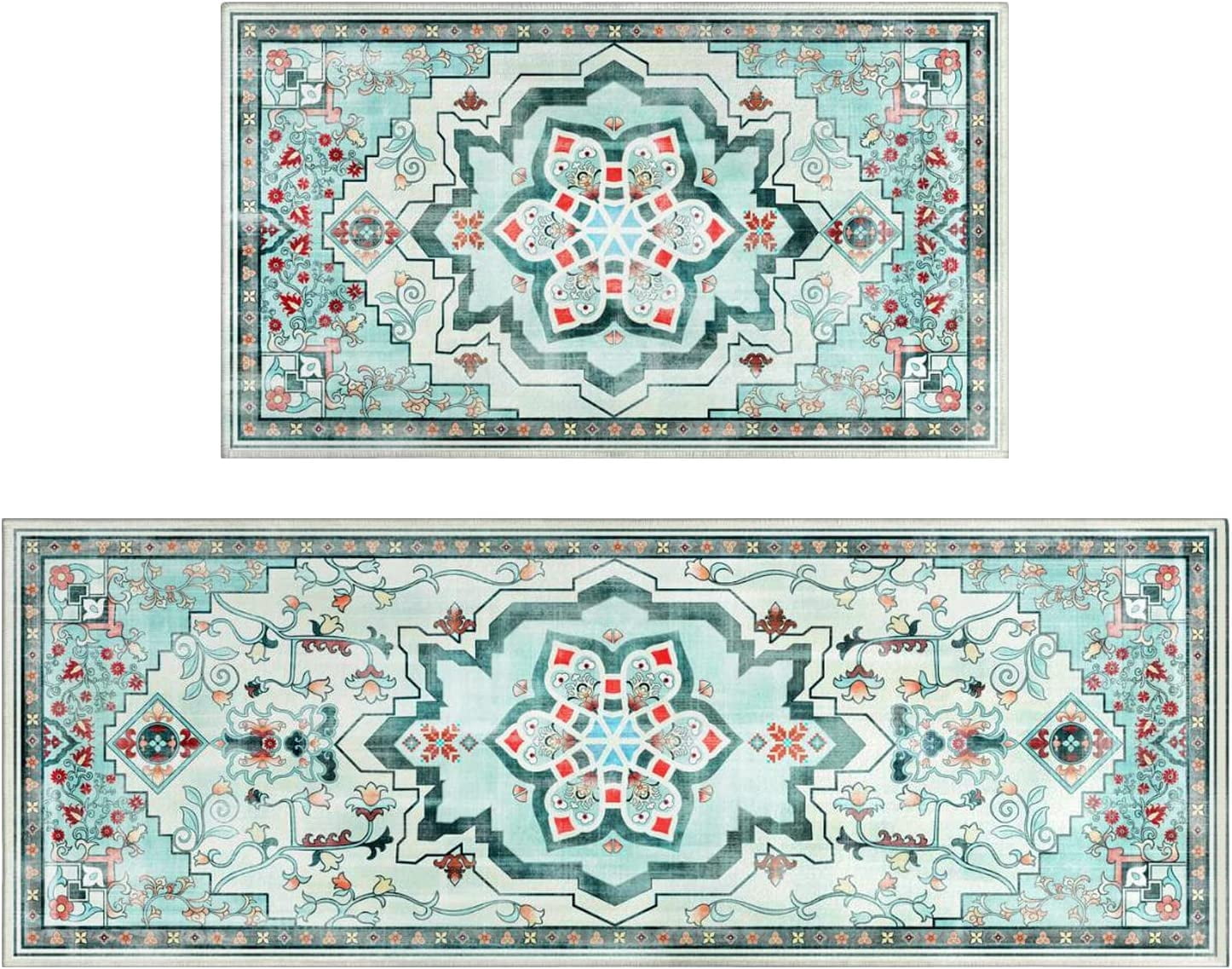 Boho Kitchen Rug, Farmhouse Style, Teal Bohemian Mat Set of 2, Non-Skid ...