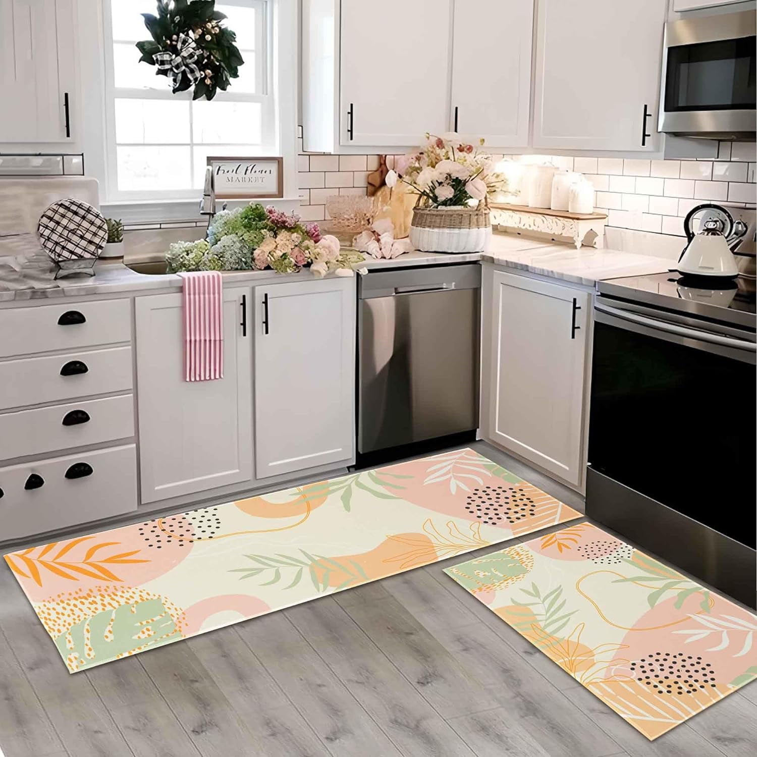 Boho Kitchen Rugs and Mats Set of 2, Non Slip Backing Pink Kitchen Rug ...