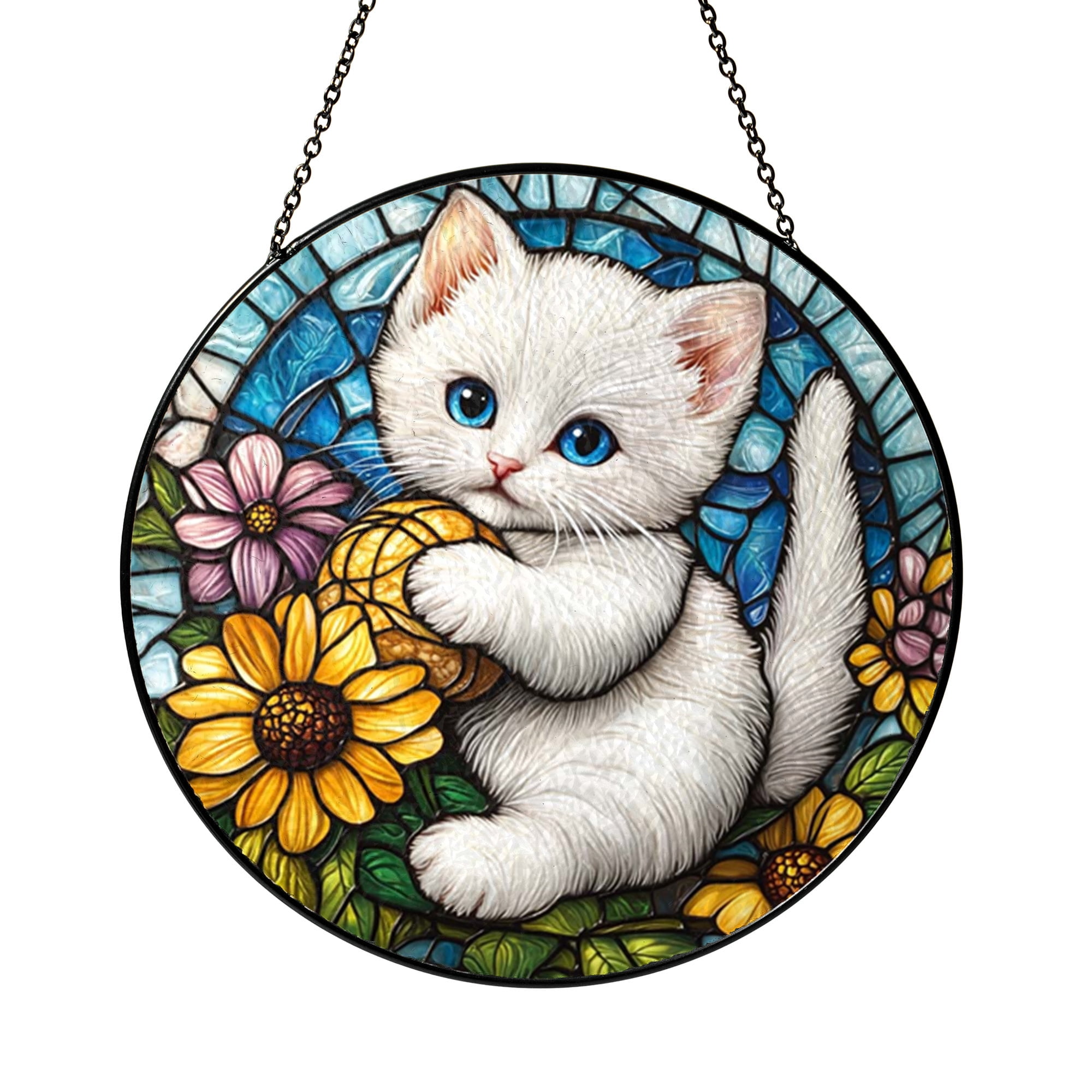 Boho Kitten Yarn Ball Stained Glass Style Suncatcher, Real Glass Window ...