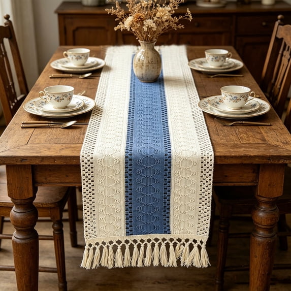 Boho Knitted Tassel Table Runner, Linen Tassel Table Runner, Cream ...