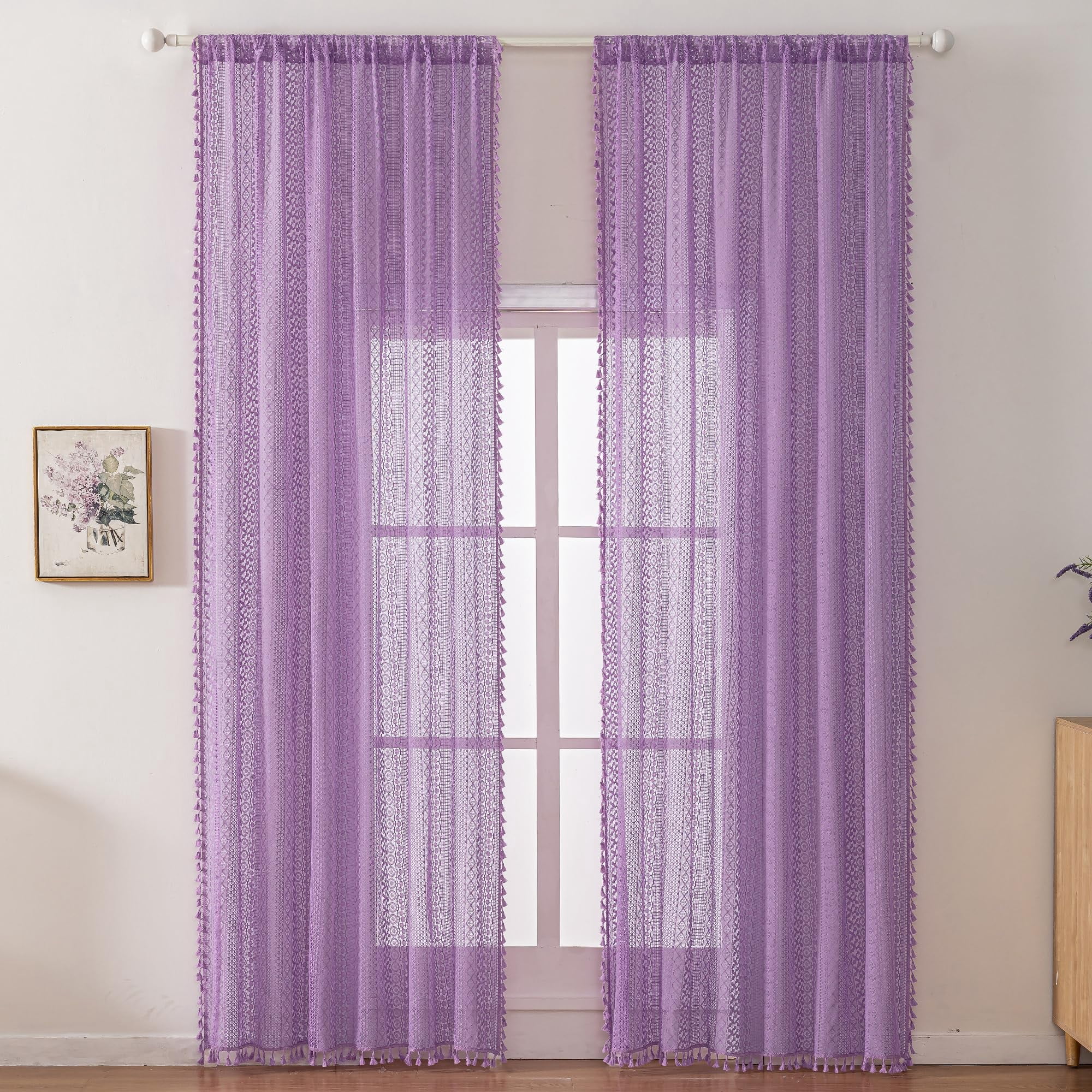 Boho Lace Curta84 Inches 2 Panel Light Filtering Tassel & Geometry ...
