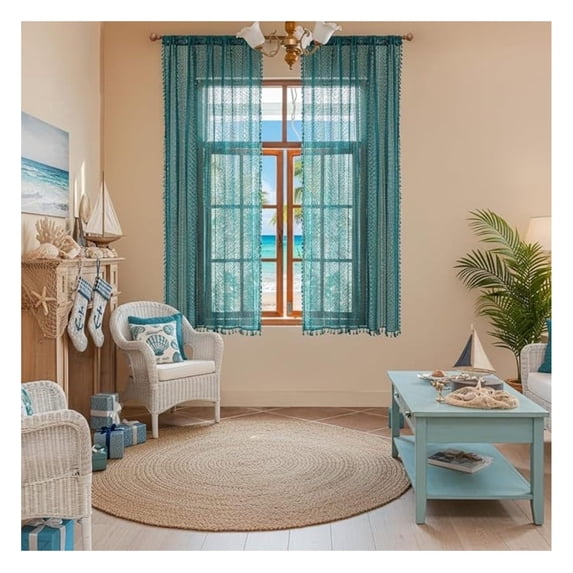 Boho Lace Curtains 72 Inch Length, 2 Panel Teal Semi Sheer Drapes for ...