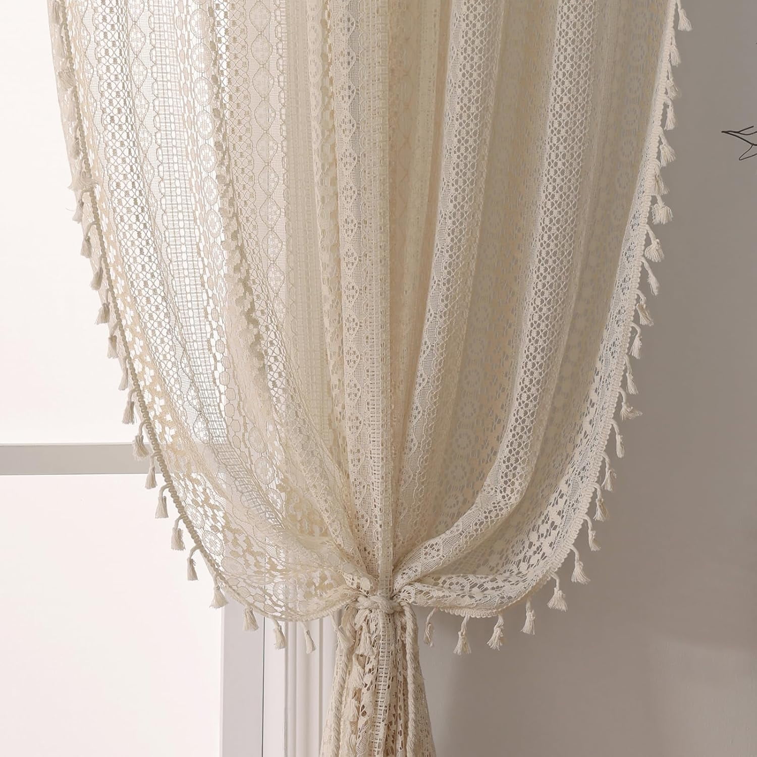 Boho Lace Curtains 80 Inches 2 Panel,Light Filtering Privacy Tassel ...