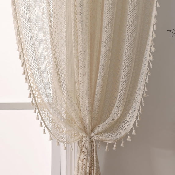 Boho Lace Curtains 80 Inches 2 Panel,Light Filtering Privacy Tassel ...