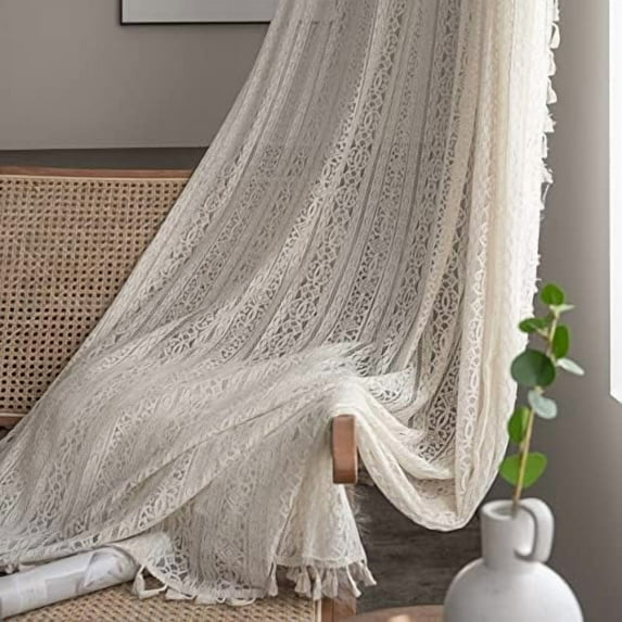 Boho Lace Curtains with Tassel,Vintage Geometric Neutral Curtains 63 ...