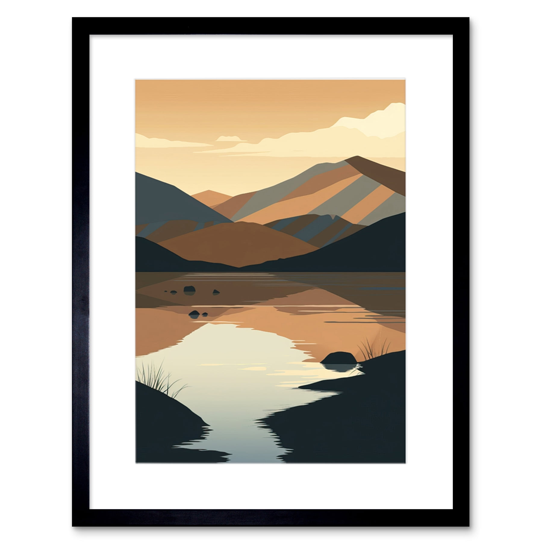 Boho Lakeside Mountain Landscape Illustration Artwork Framed Wall Art ...