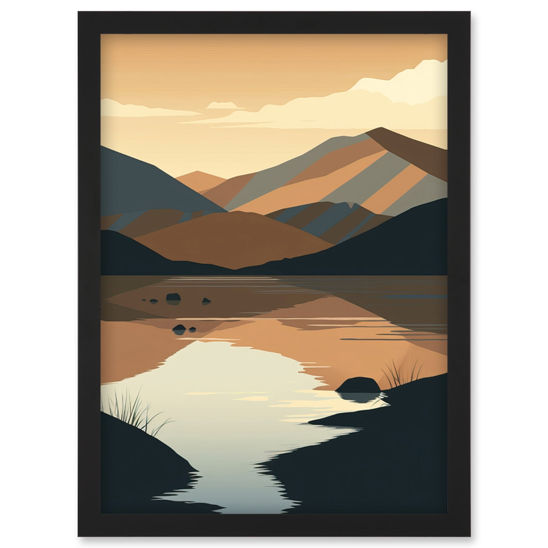 Boho Lakeside Mountain Landscape Illustration Artwork Framed Wall Art ...