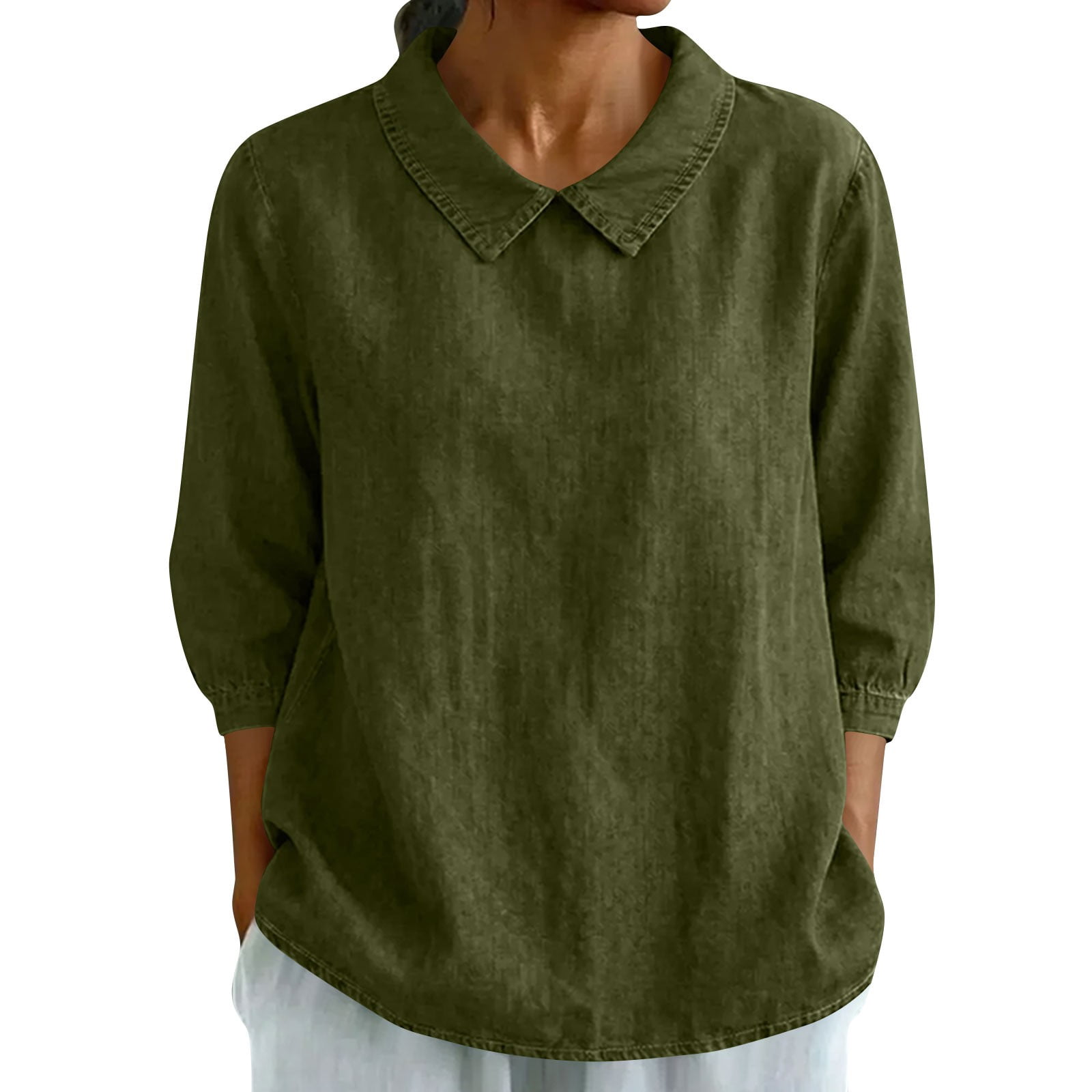 Boho Lapel Shirt for Womens Solid Color 3/4 Sleeve Summer Pull On ...