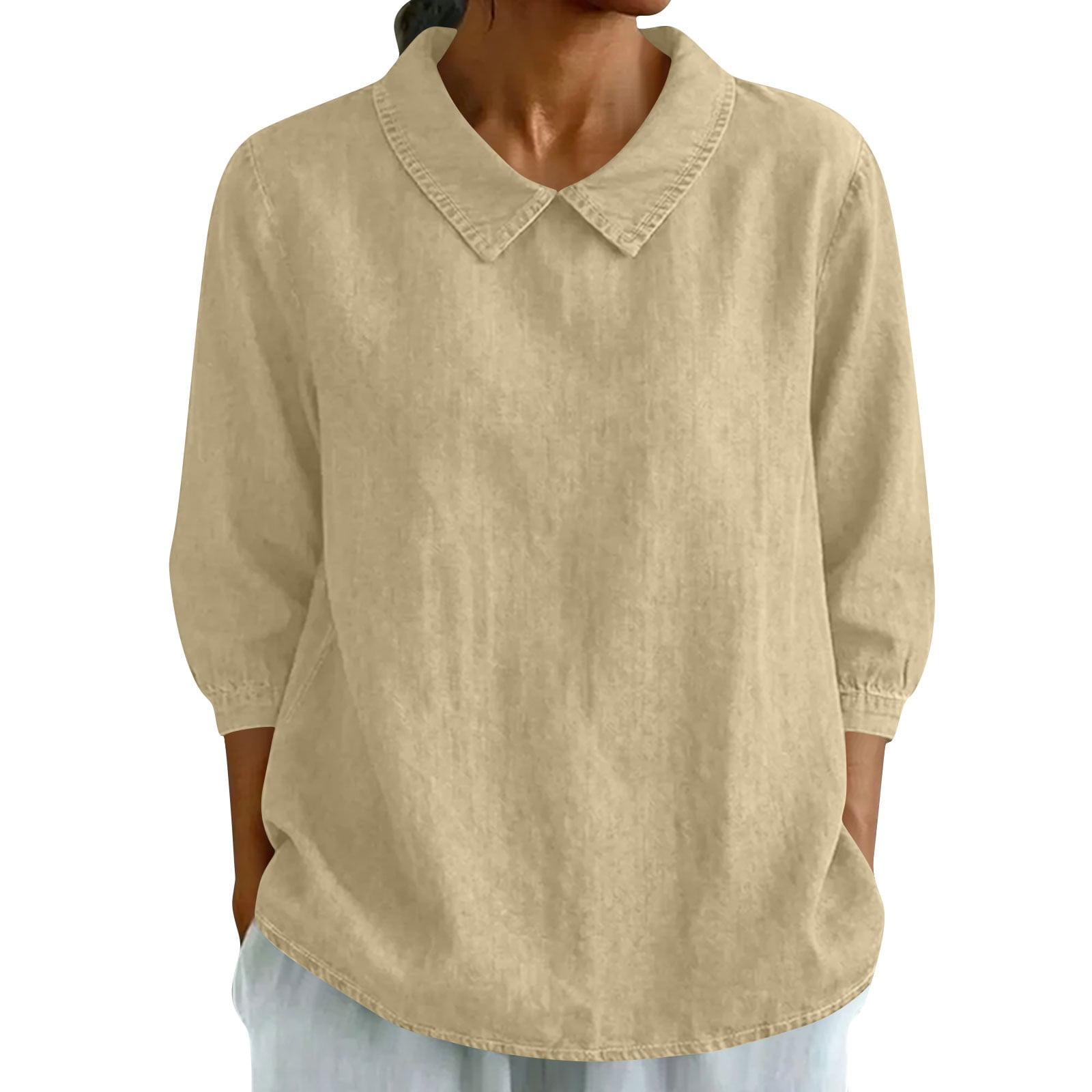 Boho Lapel Shirt for Womens Solid Color 3/4 Sleeve Summer Pull On ...