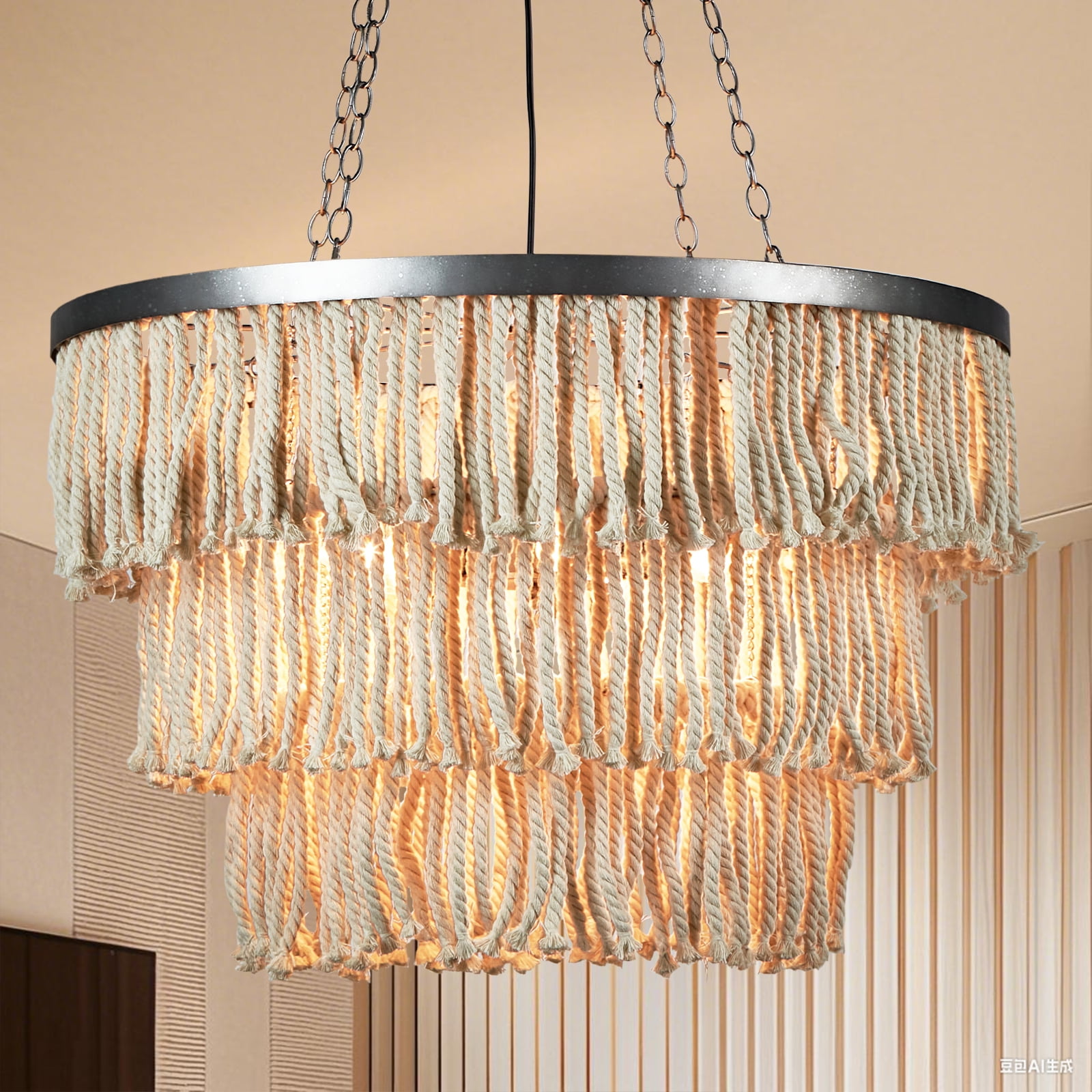 Boho Large Rope Chandelier, 3-Tier Natural Fiber Hanging Ceiling Lights ...