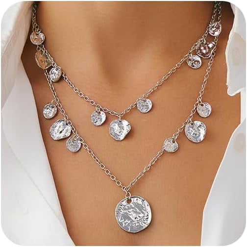 Boho Layered Gold Coin Necklace for Women Dainty Stack Disc Tassel ...